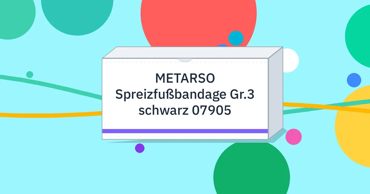 Symbolbild: Packung mit der Aufschrift METARSO Spreizfußbandage Gr.3 schwarz 07905 (PZN 03549264) – Verfügbarkeit und Bezug in Apotheken in Frankfurt am Main