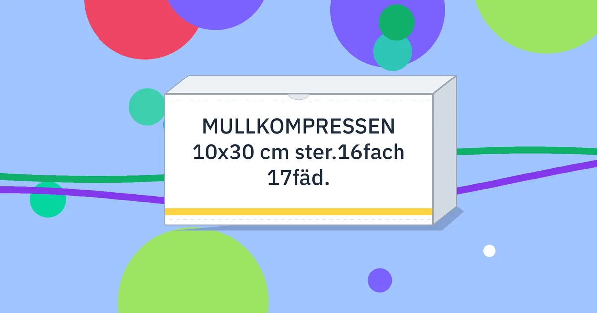 Symbolbild: Packung mit der Aufschrift MULLKOMPRESSEN 10x30 cm ster.16fach 17fäd. (PZN 06931679) – Verfügbarkeit und Bezug in Apotheken in Frankfurt am Main