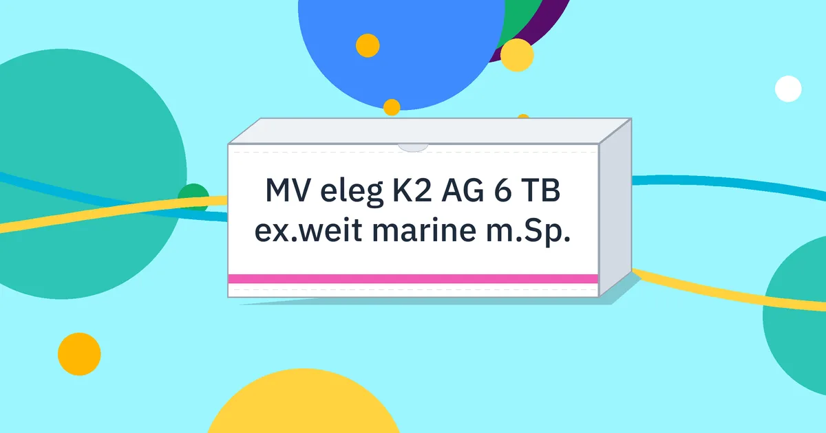 Symbolbild: Packung mit der Aufschrift MV eleg K2 AG 6 TB ex.weit marine m.Sp. (PZN 14612149) – Verfügbarkeit und Bezug in Apotheken in Frankfurt am Main