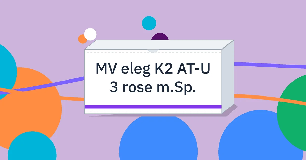 Symbolbild: Packung mit der Aufschrift MV eleg K2 AT-U 3 rose m.Sp. (PZN 15290972) – Verfügbarkeit und Bezug in Apotheken in Frankfurt am Main