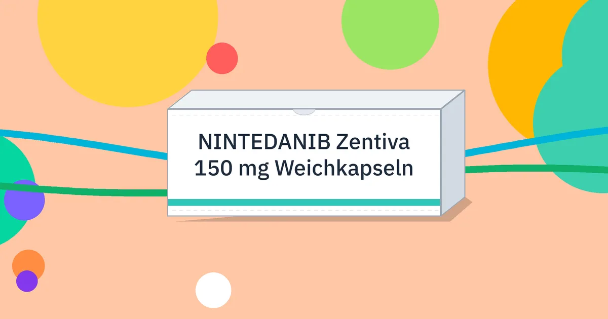Symbolbild: Packung mit der Aufschrift NINTEDANIB Zentiva 150 mg Weichkapseln (PZN 19878981) – Verfügbarkeit und Bezug in Apotheken in Frankfurt am Main