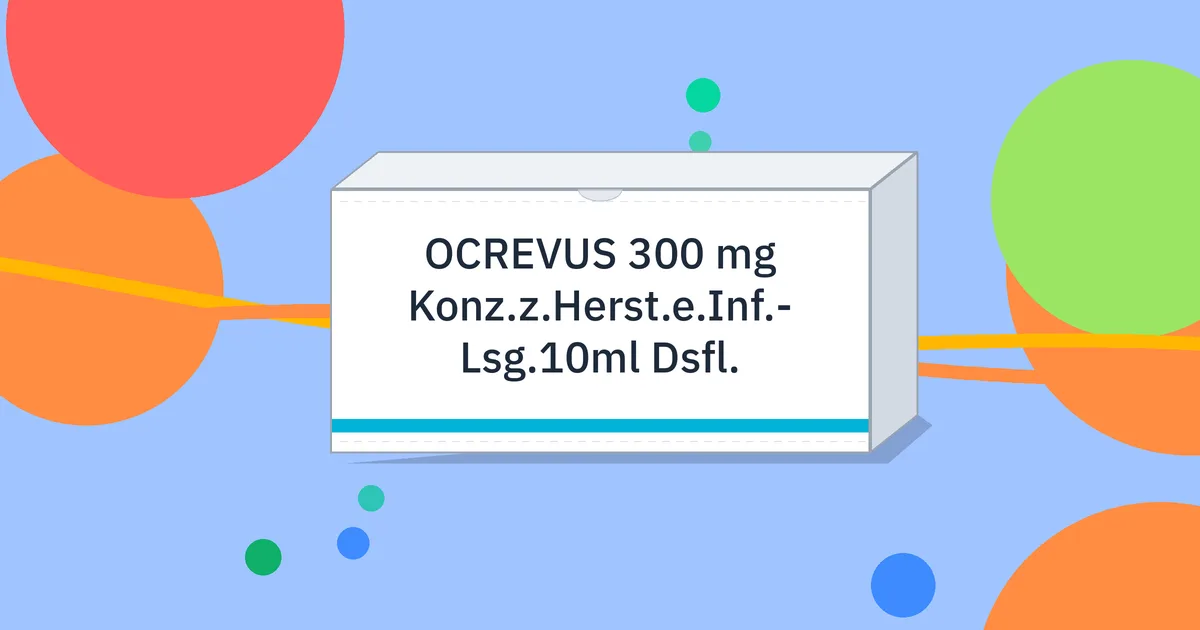 Symbolbild: Packung mit der Aufschrift OCREVUS 300 mg Konz.z.Herst.e.Inf.-Lsg.10ml Dsfl. (PZN 19457825) – Verfügbarkeit und Bezug in Apotheken in Frankfurt am Main