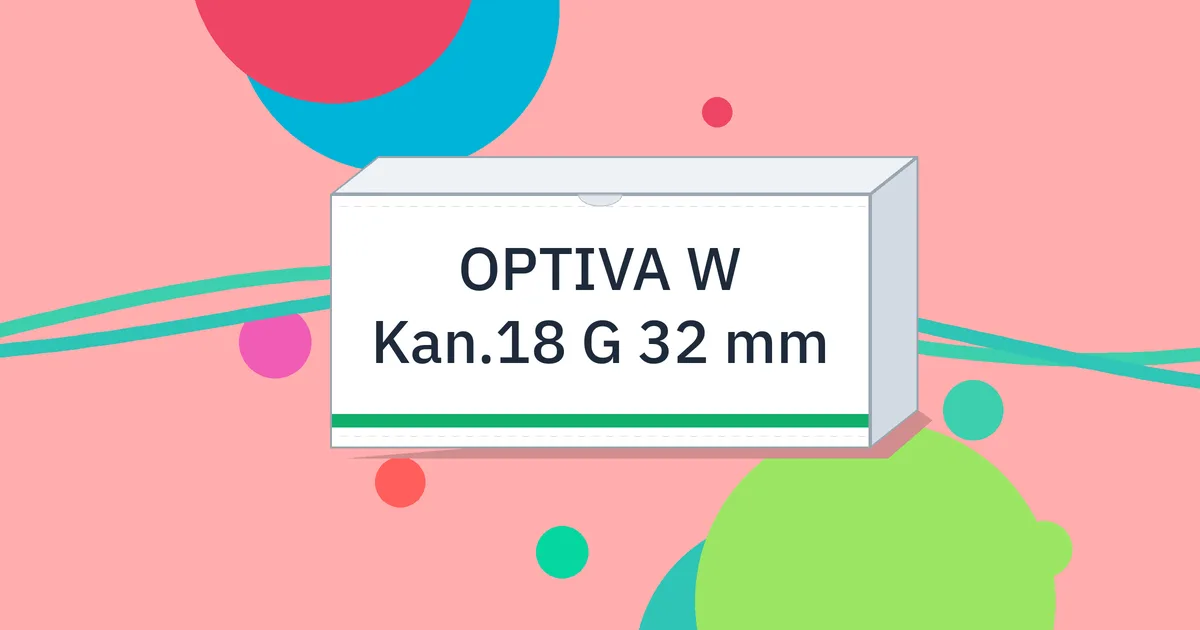 Symbolbild: Packung mit der Aufschrift OPTIVA W Kan.18 G 32 mm (PZN 00912327) – Verfügbarkeit und Bezug in Apotheken in Frankfurt am Main