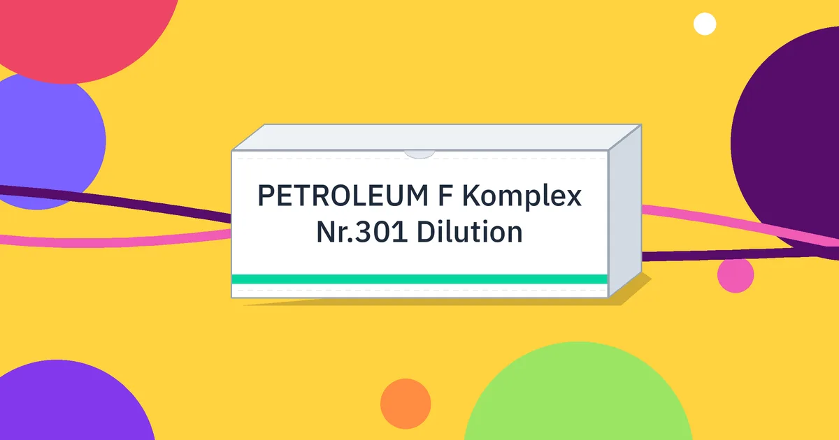 Symbolbild: Packung mit der Aufschrift PETROLEUM F Komplex Nr.301 Dilution (PZN 04484963) – Verfügbarkeit und Bezug in Apotheken in Frankfurt am Main