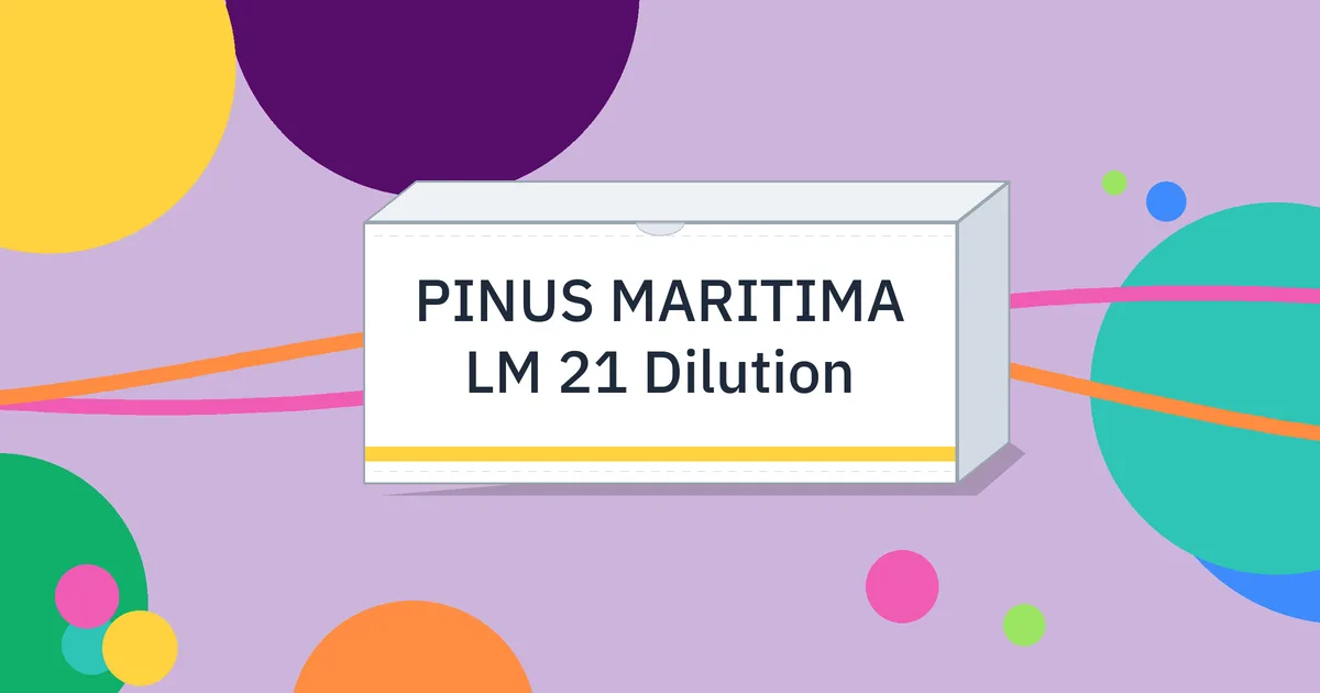 Symbolbild: Packung mit der Aufschrift PINUS MARITIMA LM 21 Dilution (PZN 13644472) – Verfügbarkeit und Bezug in Apotheken in Frankfurt am Main