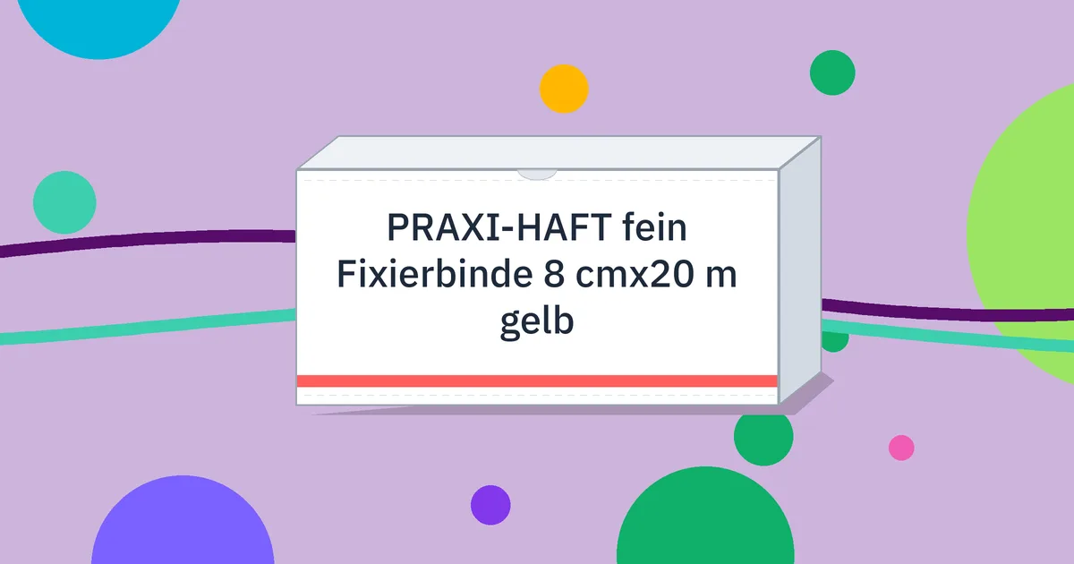 Symbolbild: Packung mit der Aufschrift PRAXI-HAFT fein Fixierbinde 8 cmx20 m gelb (PZN 12826082) – Verfügbarkeit und Bezug in Apotheken in Frankfurt am Main