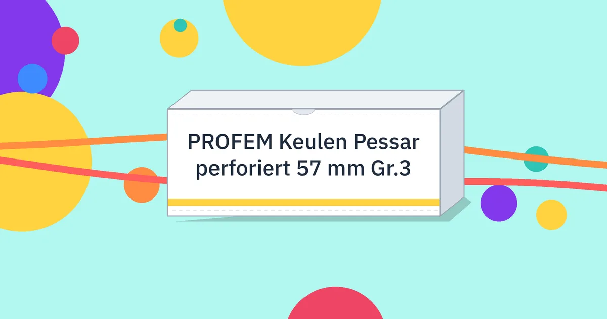Symbolbild: Packung mit der Aufschrift PROFEM Keulen Pessar perforiert 57 mm Gr.3 (PZN 11671708) – Verfügbarkeit und Bezug in Apotheken in Frankfurt am Main