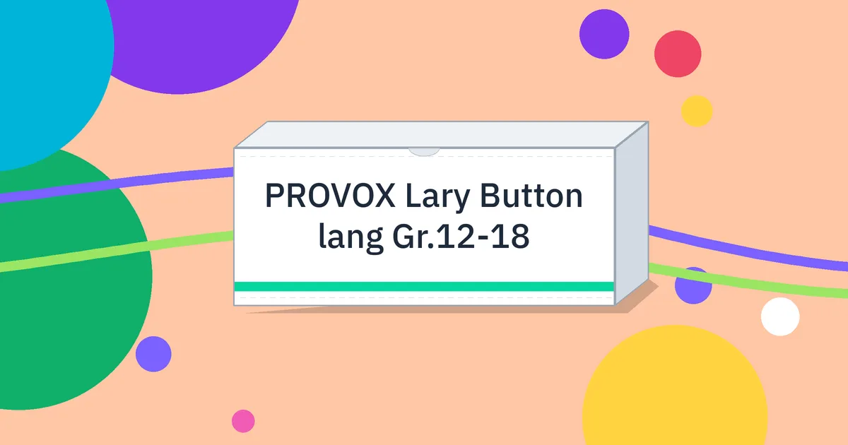 Symbolbild: Packung mit der Aufschrift PROVOX Lary Button lang Gr.12-18 (PZN 06996101) – Verfügbarkeit und Bezug in Apotheken in Frankfurt am Main