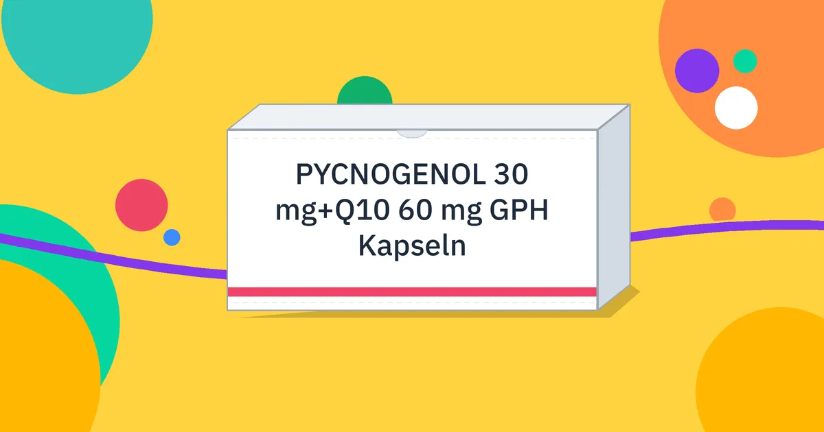 Symbolbild: Packung mit der Aufschrift PYCNOGENOL 30 mg+Q10 60 mg GPH Kapseln (PZN 01160912) – Verfügbarkeit und Bezug in Apotheken in Frankfurt am Main