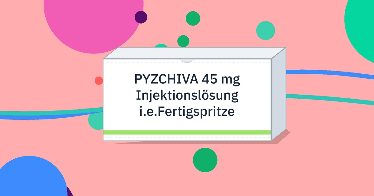 Symbolbild: Packung mit der Aufschrift PYZCHIVA 45 mg Injektionslösung i.e.Fertigspritze (PZN 19657636) – Verfügbarkeit und Bezug in Apotheken in Frankfurt am Main