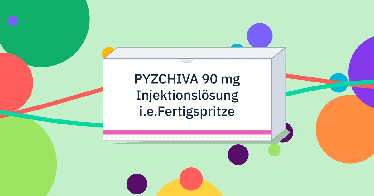 Symbolbild: Packung mit der Aufschrift PYZCHIVA 90 mg Injektionslösung i.e.Fertigspritze (PZN 19485649) – Verfügbarkeit und Bezug in Apotheken in Frankfurt am Main