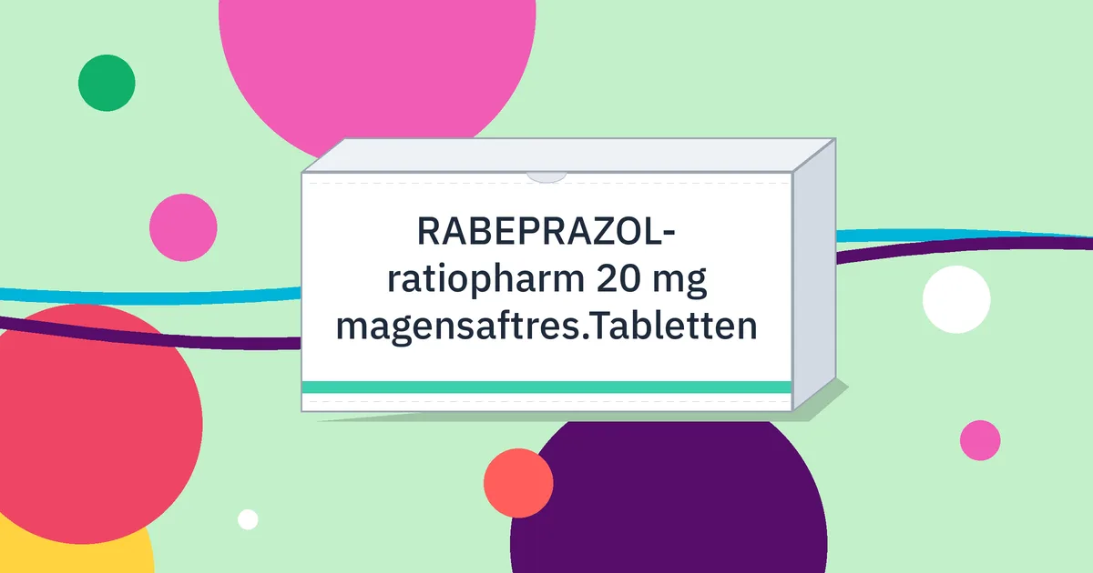 Symbolbild: Packung mit der Aufschrift RABEPRAZOL-ratiopharm 20 mg magensaftres.Tabletten (PZN 09723450) – Verfügbarkeit und Bezug in Apotheken in Frankfurt am Main