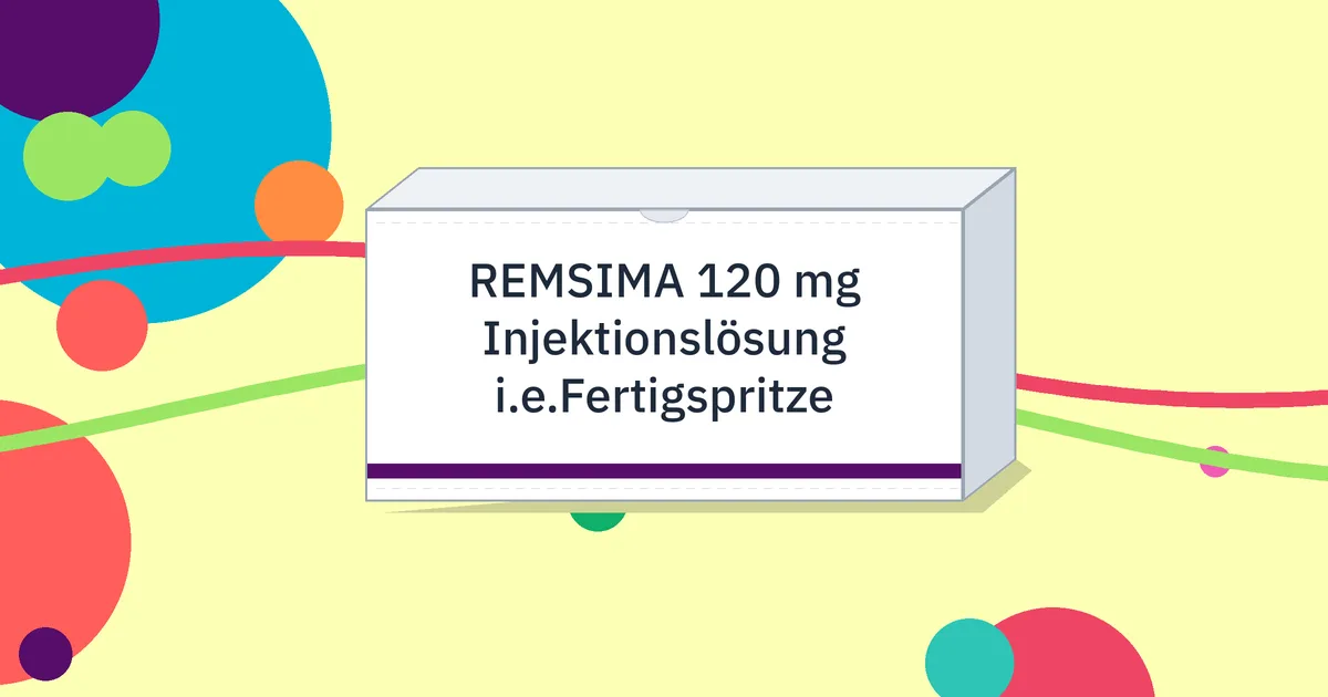 Symbolbild: Packung mit der Aufschrift REMSIMA 120 mg Injektionslösung i.e.Fertigspritze (PZN 16736039) – Verfügbarkeit und Bezug in Apotheken in Frankfurt am Main