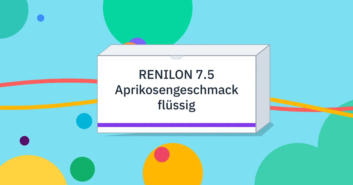 Symbolbild: Packung mit der Aufschrift RENILON 7.5 Aprikosengeschmack flüssig (PZN 20657340) – Verfügbarkeit und Bezug in Apotheken in Frankfurt am Main