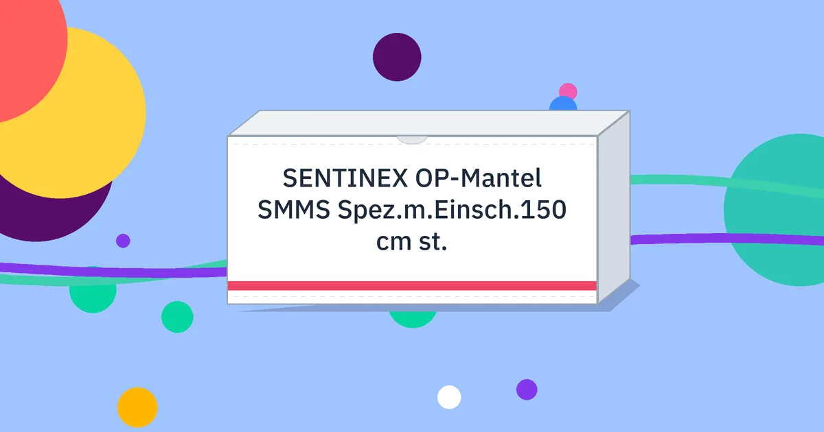 Symbolbild: Packung mit der Aufschrift SENTINEX OP-Mantel SMMS Spez.m.Einsch.150 cm st. (PZN 03163599) – Verfügbarkeit und Bezug in Apotheken in Frankfurt am Main