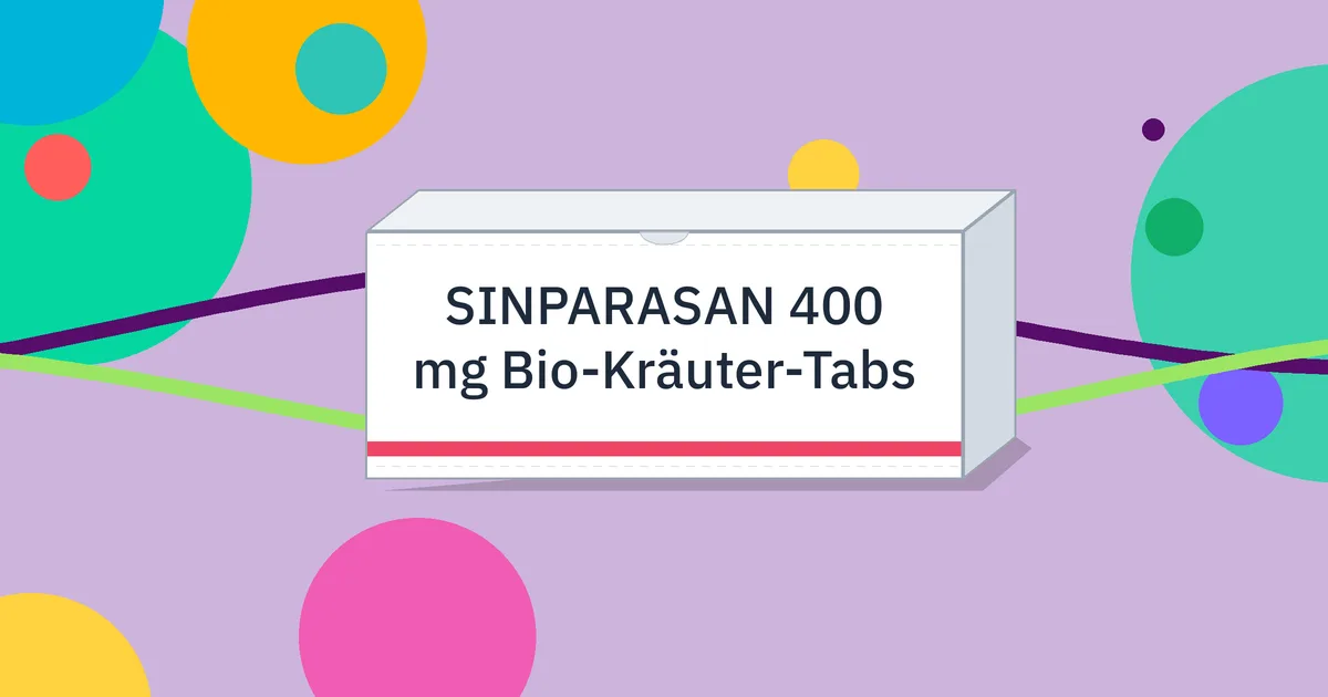 Symbolbild: Packung mit der Aufschrift SINPARASAN 400 mg Bio-Kräuter-Tabs (PZN 18093887) – Verfügbarkeit und Bezug in Apotheken in Frankfurt am Main