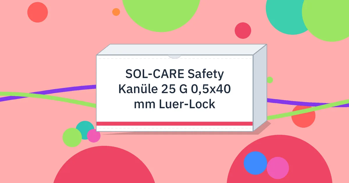 Symbolbild: Packung mit der Aufschrift SOL-CARE Safety Kanüle 25 G 0,5x40 mm Luer-Lock (PZN 20328211) – Verfügbarkeit und Bezug in Apotheken in Frankfurt am Main