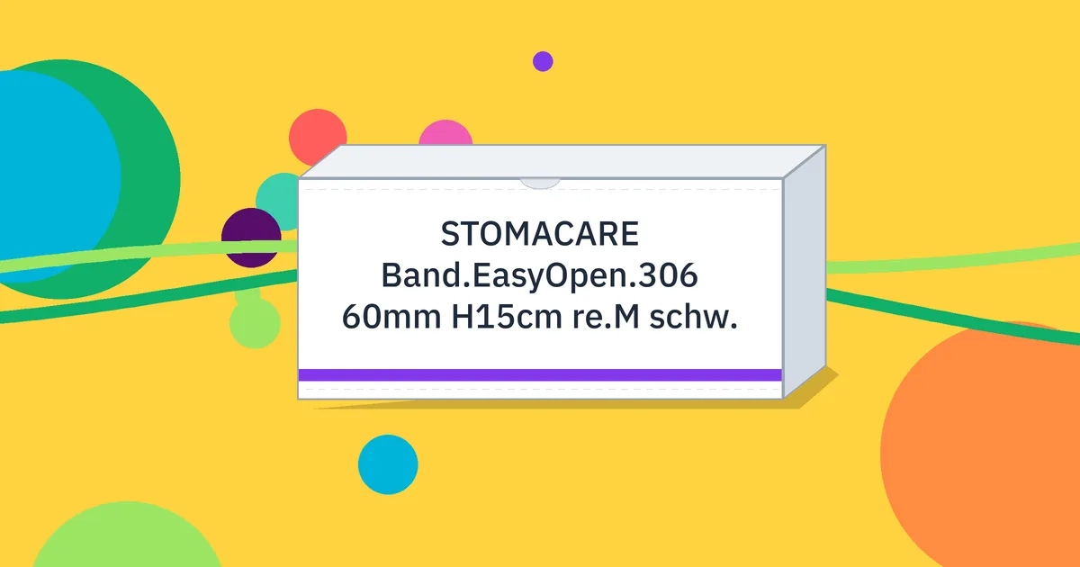 Symbolbild: Packung mit der Aufschrift STOMACARE Band.EasyOpen.306 60mm H15cm re.M schw. (PZN 09437454) – Verfügbarkeit und Bezug in Apotheken in Frankfurt am Main