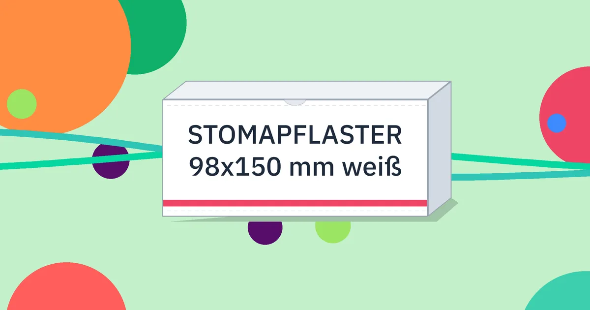 Symbolbild: Packung mit der Aufschrift STOMAPFLASTER 98x150 mm weiß (PZN 16034656) – Verfügbarkeit und Bezug in Apotheken in Frankfurt am Main