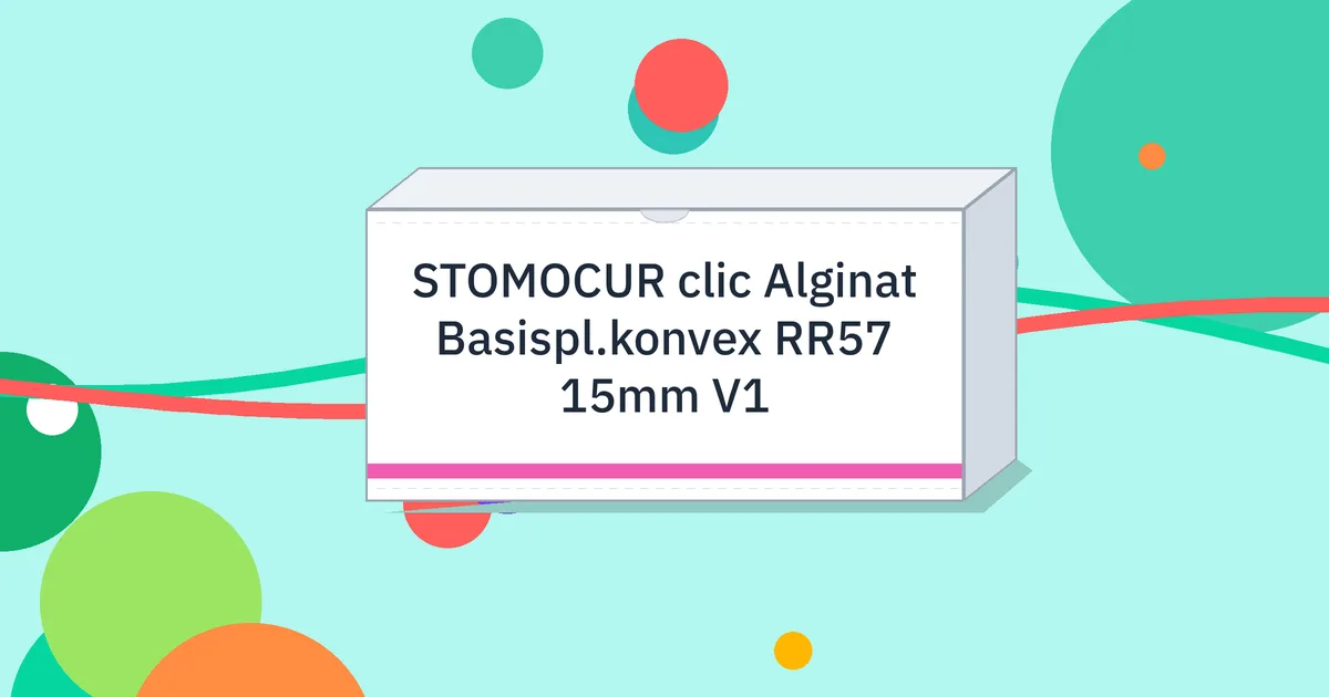 Symbolbild: Packung mit der Aufschrift STOMOCUR clic Alginat Basispl.konvex RR57 15mm V1 (PZN 18759056) – Verfügbarkeit und Bezug in Apotheken in Frankfurt am Main