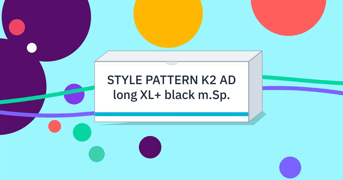 Symbolbild: Packung mit der Aufschrift STYLE PATTERN K2 AD long XL+ black m.Sp. (PZN 19695401) – Verfügbarkeit und Bezug in Apotheken in Frankfurt am Main