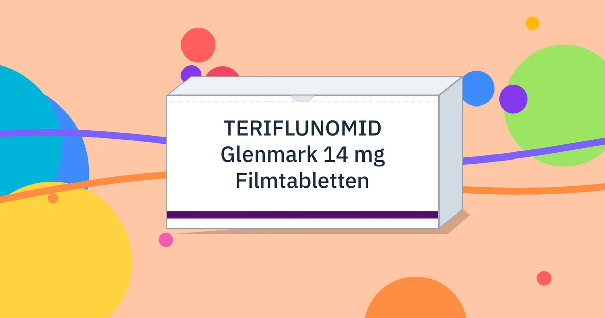 Symbolbild: Packung mit der Aufschrift TERIFLUNOMID Glenmark 14 mg Filmtabletten (PZN 19271411) – Verfügbarkeit und Bezug in Apotheken in Frankfurt am Main