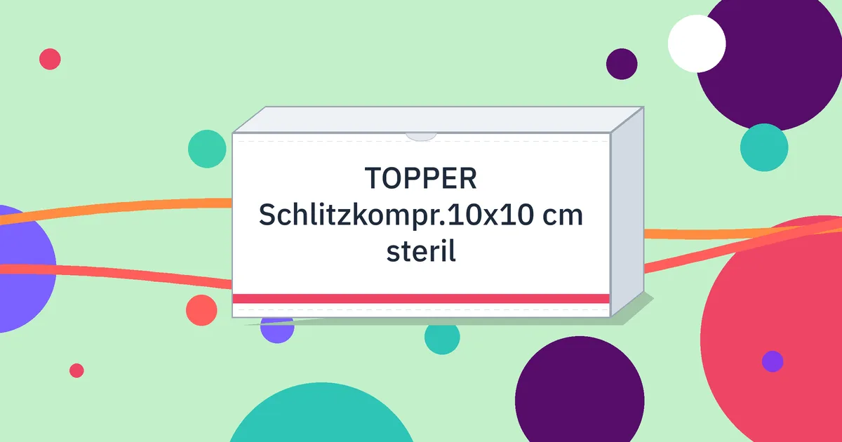 Symbolbild: Packung mit der Aufschrift TOPPER Schlitzkompr.10x10 cm steril (PZN 04516002) – Verfügbarkeit und Bezug in Apotheken in Frankfurt am Main