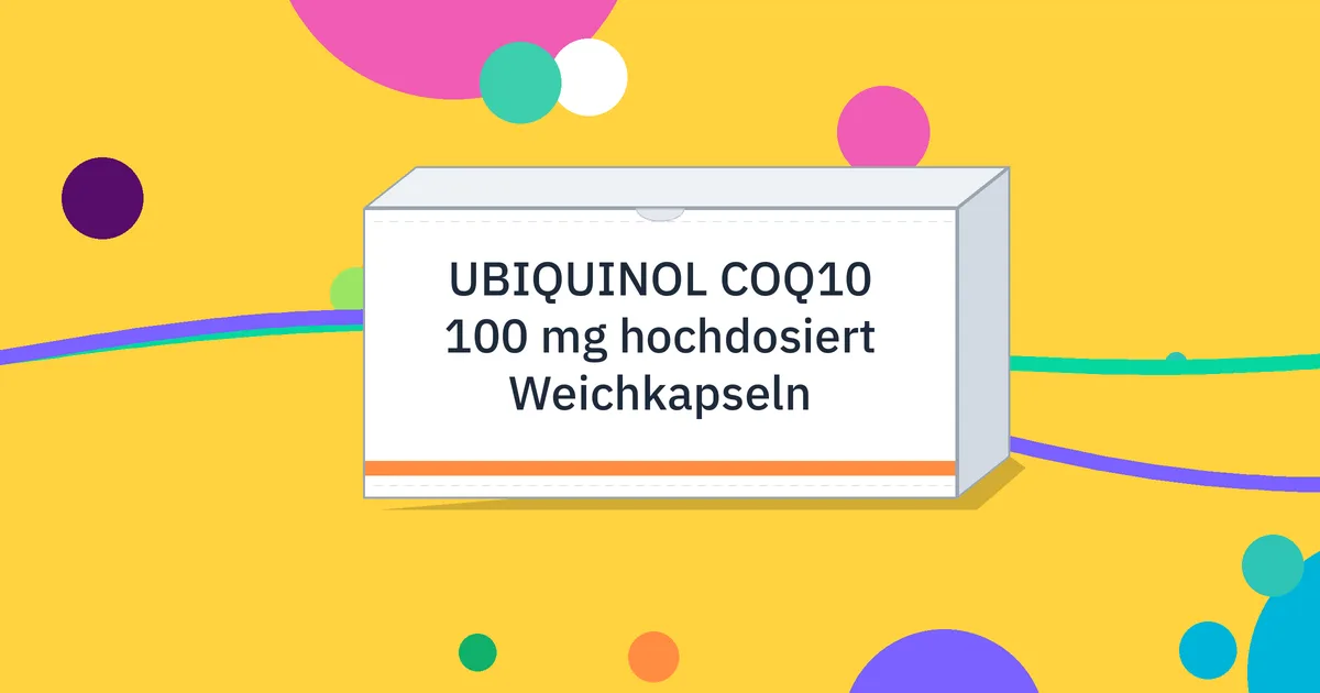 Symbolbild: Packung mit der Aufschrift UBIQUINOL COQ10 100 mg hochdosiert Weichkapseln (PZN 18053474) – Verfügbarkeit und Bezug in Apotheken in Frankfurt am Main