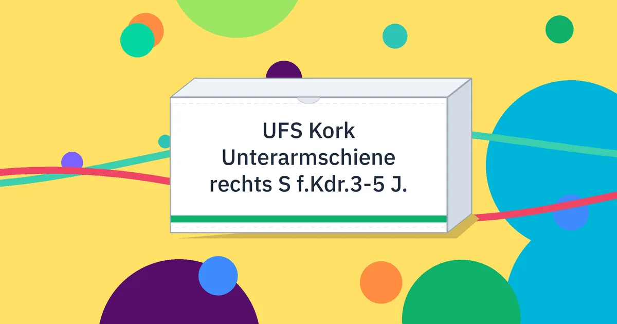 Symbolbild: Packung mit der Aufschrift UFS Kork Unterarmschiene rechts S f.Kdr.3-5 J. (PZN 04810635) – Verfügbarkeit und Bezug in Apotheken in Frankfurt am Main