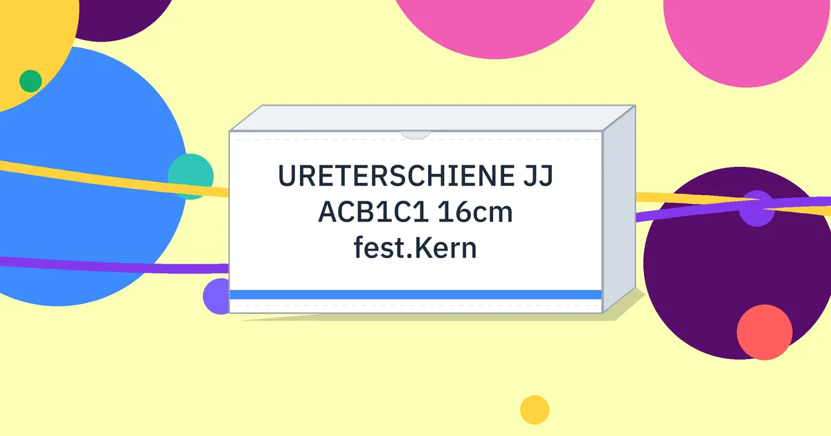 Symbolbild: Packung mit der Aufschrift URETERSCHIENE JJ ACB1C1 16cm fest.Kern (PZN 02178771) – Verfügbarkeit und Bezug in Apotheken in Frankfurt am Main