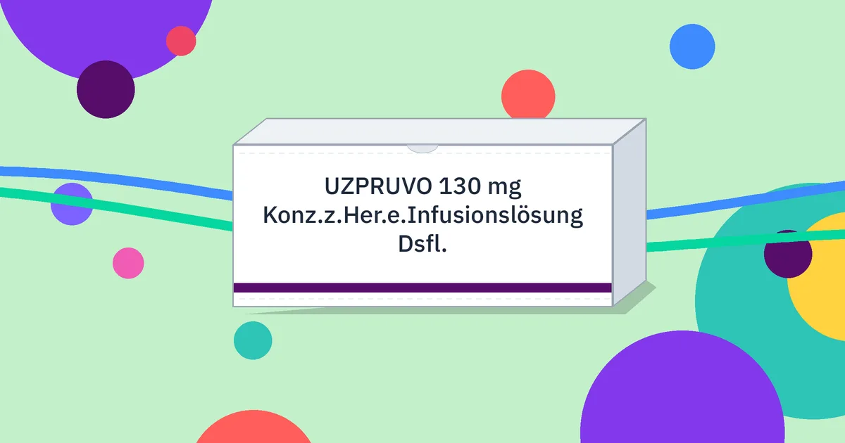 Symbolbild: Packung mit der Aufschrift UZPRUVO 130 mg Konz.z.Her.e.Infusionslösung Dsfl. (PZN 19956965) – Verfügbarkeit und Bezug in Apotheken in Frankfurt am Main