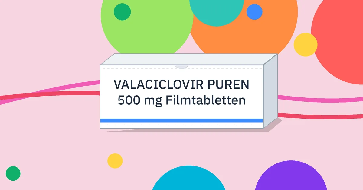 Symbolbild: Packung mit der Aufschrift VALACICLOVIR PUREN 500 mg Filmtabletten (PZN 14335052) – Verfügbarkeit und Bezug in Apotheken in Frankfurt am Main