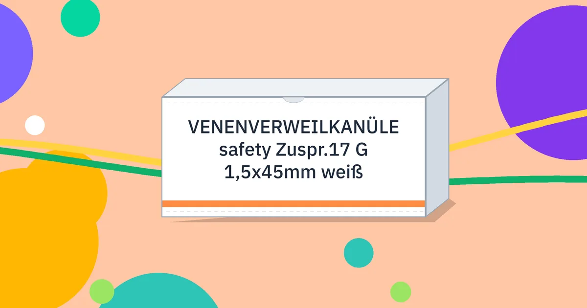 Symbolbild: Packung mit der Aufschrift VENENVERWEILKANÜLE safety Zuspr.17 G 1,5x45mm weiß (PZN 18717773) – Verfügbarkeit und Bezug in Apotheken in Frankfurt am Main