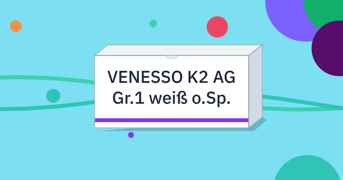 Symbolbild: Packung mit der Aufschrift VENESSO K2 AG Gr.1 weiß o.Sp. (PZN 03280626) – Verfügbarkeit und Bezug in Apotheken in Frankfurt am Main