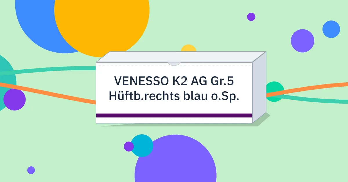 Symbolbild: Packung mit der Aufschrift VENESSO K2 AG Gr.5 Hüftb.rechts blau o.Sp. (PZN 03272029) – Verfügbarkeit und Bezug in Apotheken in Frankfurt am Main