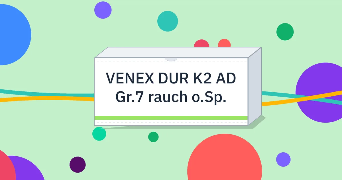 Symbolbild: Packung mit der Aufschrift VENEX DUR K2 AD Gr.7 rauch o.Sp. (PZN 03211016) – Verfügbarkeit und Bezug in Apotheken in Frankfurt am Main