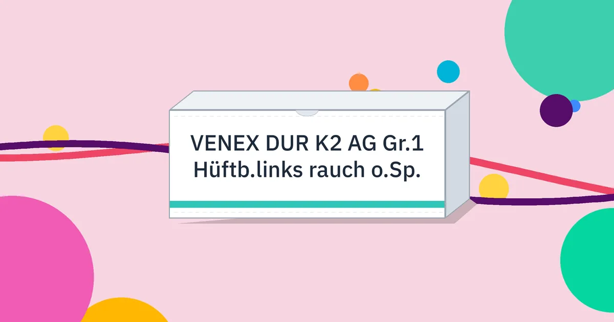 Symbolbild: Packung mit der Aufschrift VENEX DUR K2 AG Gr.1 Hüftb.links rauch o.Sp. (PZN 03229648) – Verfügbarkeit und Bezug in Apotheken in Frankfurt am Main