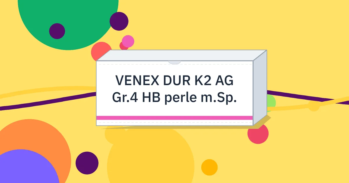 Symbolbild: Packung mit der Aufschrift VENEX DUR K2 AG Gr.4 HB perle m.Sp. (PZN 03218432) – Verfügbarkeit und Bezug in Apotheken in Frankfurt am Main