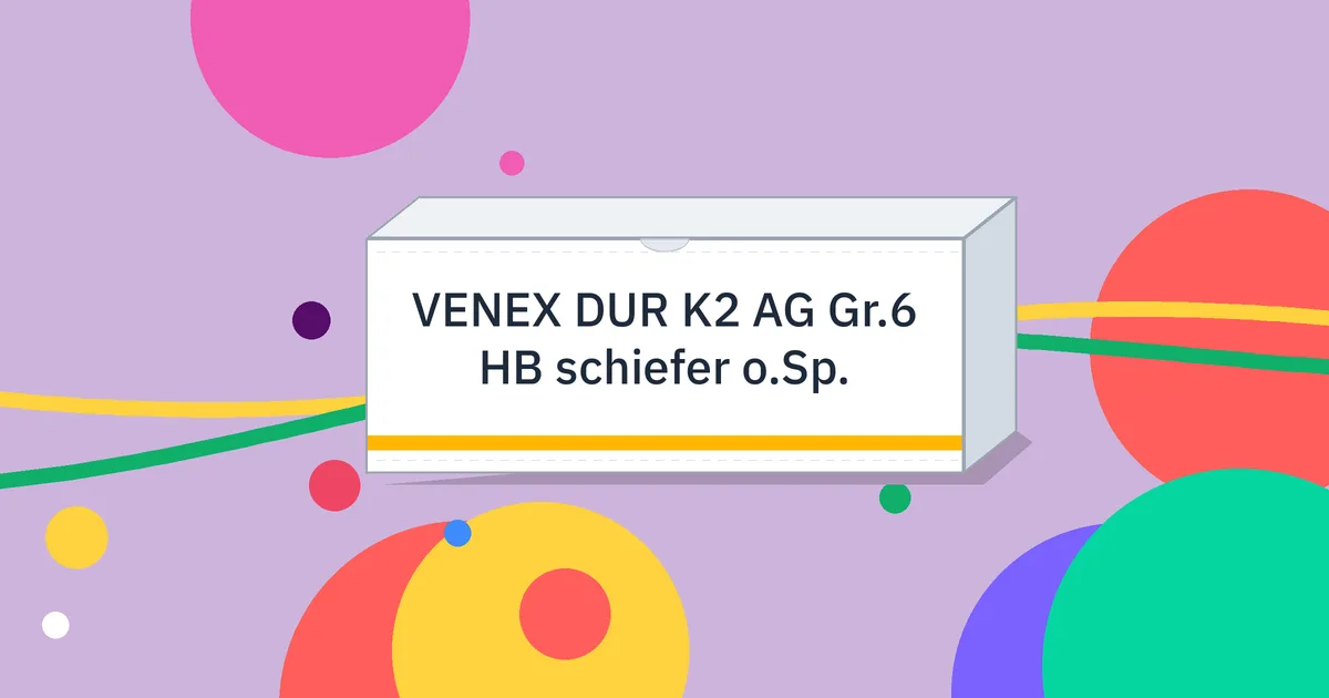 Symbolbild: Packung mit der Aufschrift VENEX DUR K2 AG Gr.6 HB schiefer o.Sp. (PZN 03221316) – Verfügbarkeit und Bezug in Apotheken in Frankfurt am Main