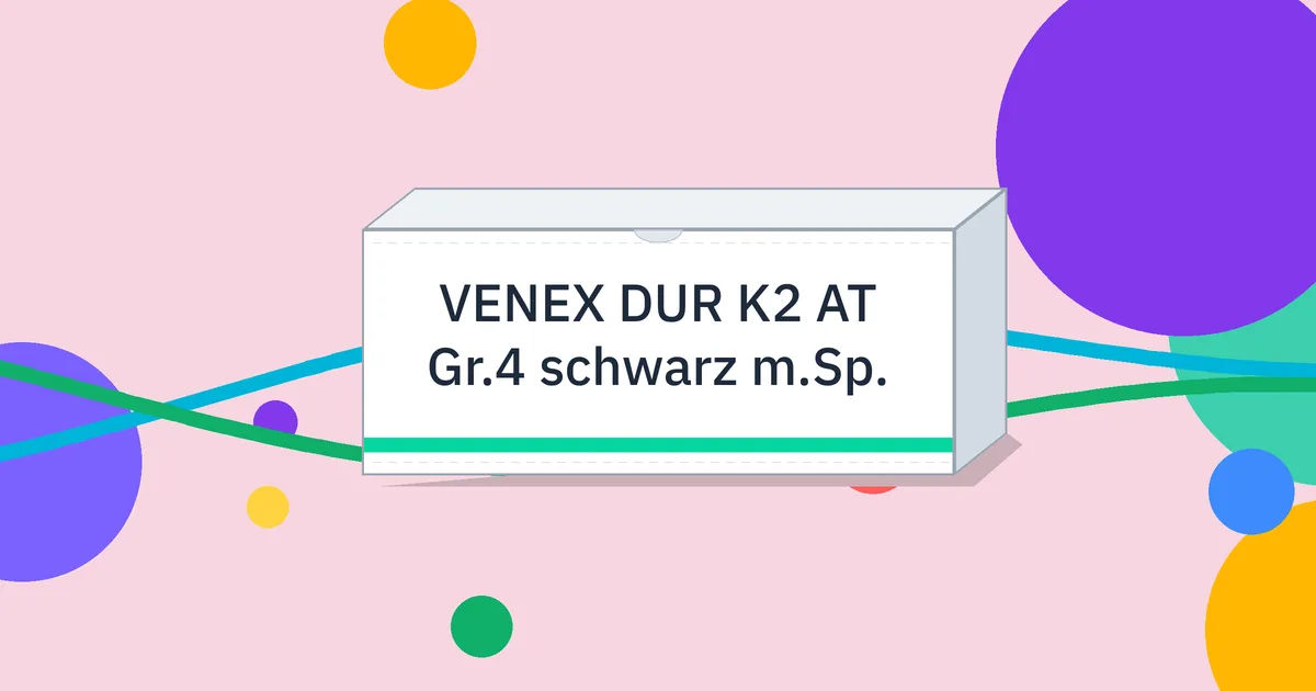 Symbolbild: Packung mit der Aufschrift VENEX DUR K2 AT Gr.4 schwarz m.Sp. (PZN 03222132) – Verfügbarkeit und Bezug in Apotheken in Frankfurt am Main