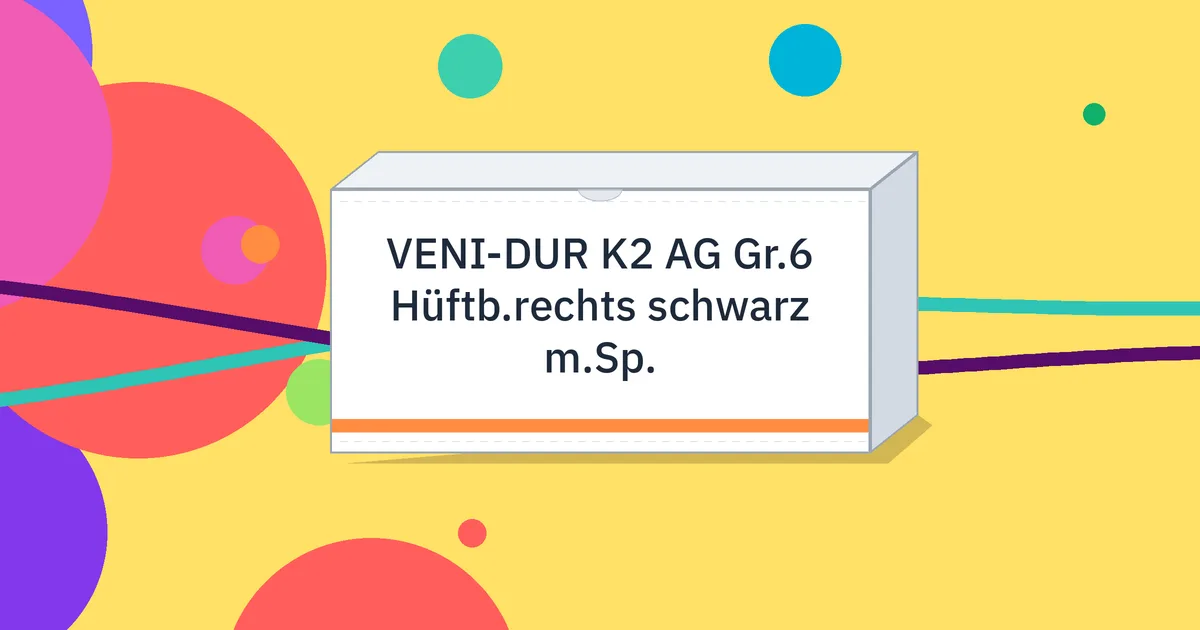 Symbolbild: Packung mit der Aufschrift VENI-DUR K2 AG Gr.6 Hüftb.rechts schwarz m.Sp. (PZN 03250499) – Verfügbarkeit und Bezug in Apotheken in Frankfurt am Main