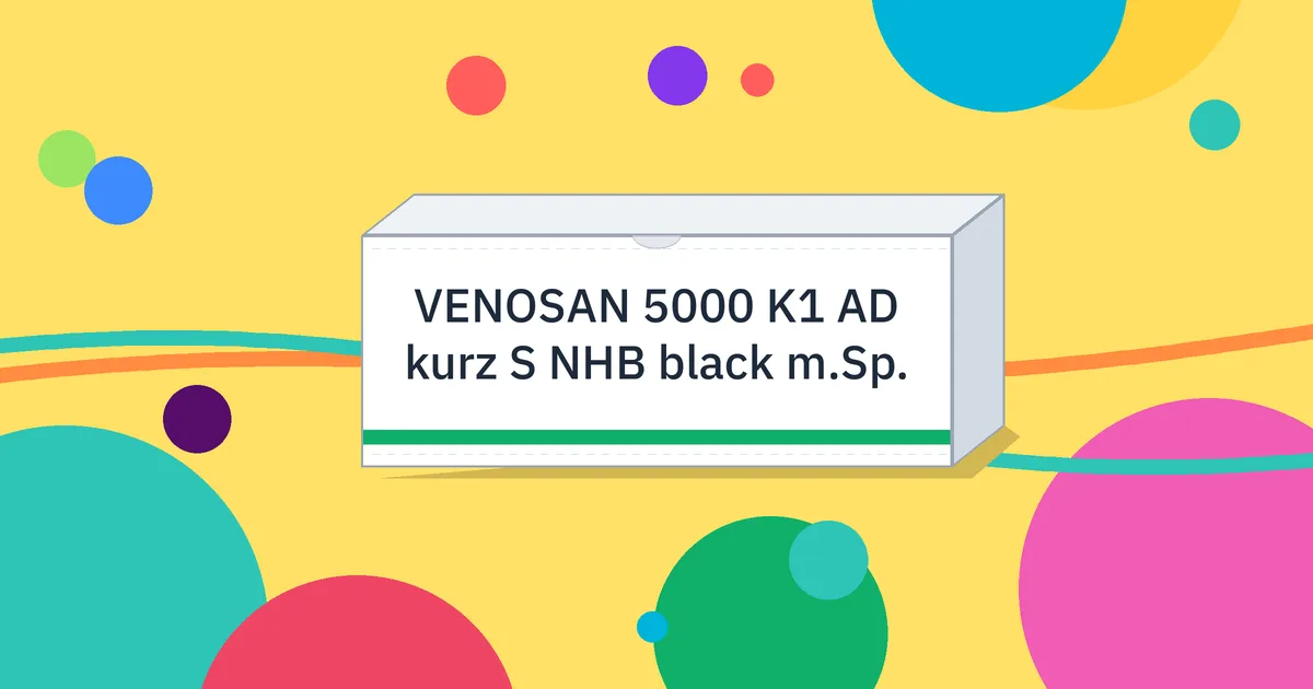 Symbolbild: Packung mit der Aufschrift VENOSAN 5000 K1 AD kurz S NHB black m.Sp. (PZN 14432714) – Verfügbarkeit und Bezug in Apotheken in Frankfurt am Main