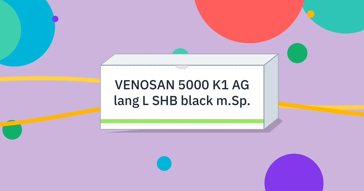 Symbolbild: Packung mit der Aufschrift VENOSAN 5000 K1 AG lang L SHB black m.Sp. (PZN 14432884) – Verfügbarkeit und Bezug in Apotheken in Frankfurt am Main