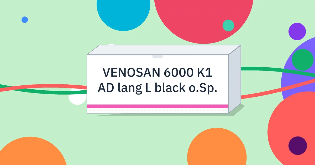 Symbolbild: Packung mit der Aufschrift VENOSAN 6000 K1 AD lang L black o.Sp. (PZN 17171214) – Verfügbarkeit und Bezug in Apotheken in Frankfurt am Main