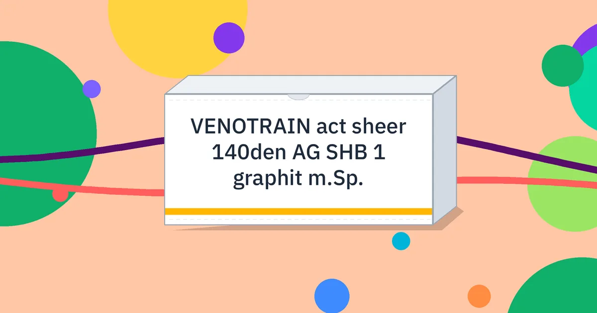 Symbolbild: Packung mit der Aufschrift VENOTRAIN act sheer 140den AG SHB 1 graphit m.Sp. (PZN 16208406) – Verfügbarkeit und Bezug in Apotheken in Frankfurt am Main