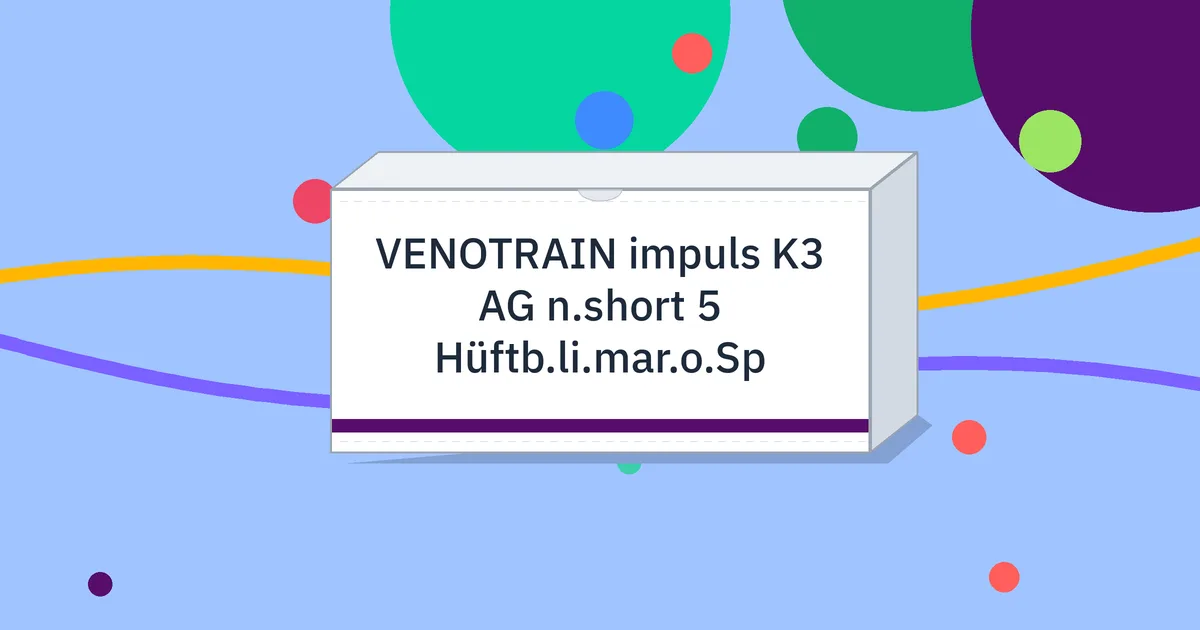 Symbolbild: Packung mit der Aufschrift VENOTRAIN impuls K3 AG n.short 5 Hüftb.li.mar.o.Sp (PZN 15220256) – Verfügbarkeit und Bezug in Apotheken in Frankfurt am Main