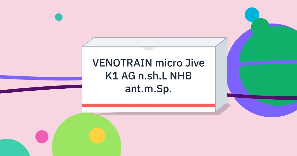 Symbolbild: Packung mit der Aufschrift VENOTRAIN micro Jive K1 AG n.sh.L NHB ant.m.Sp. (PZN 17766479) – Verfügbarkeit und Bezug in Apotheken in Frankfurt am Main