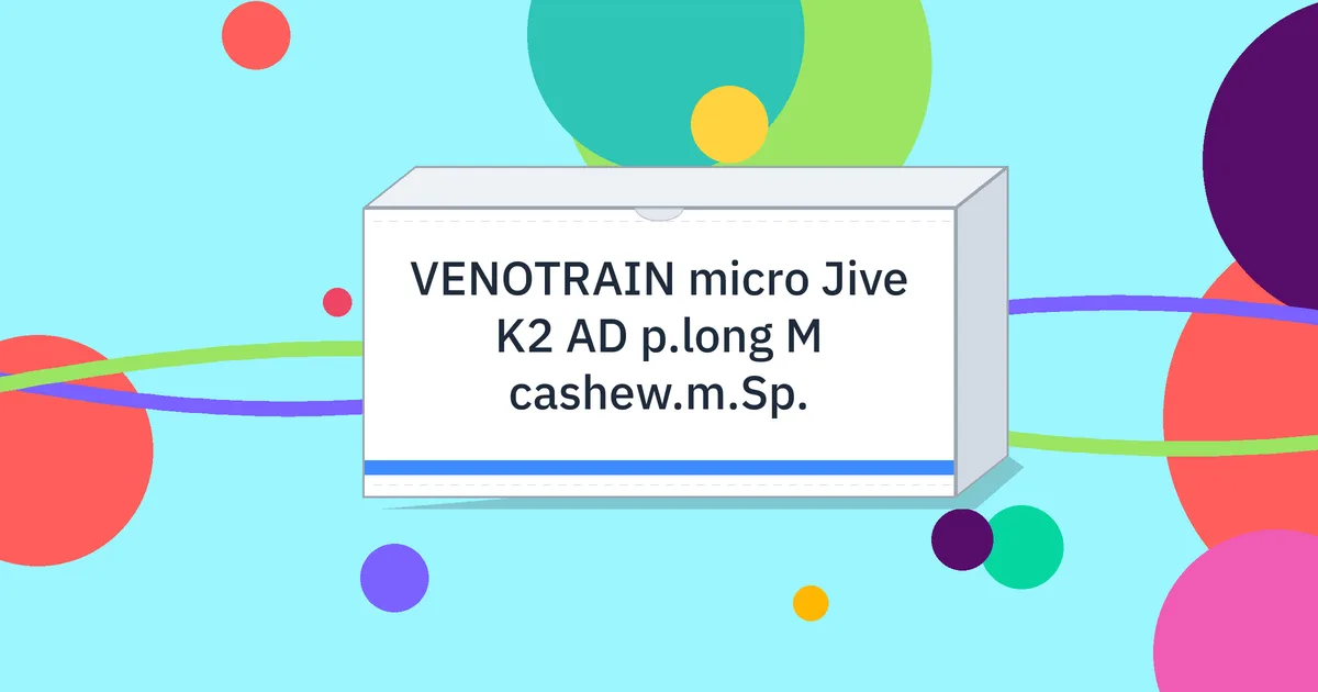 Symbolbild: Packung mit der Aufschrift VENOTRAIN micro Jive K2 AD p.long M cashew.m.Sp. (PZN 20768536) – Verfügbarkeit und Bezug in Apotheken in Frankfurt am Main