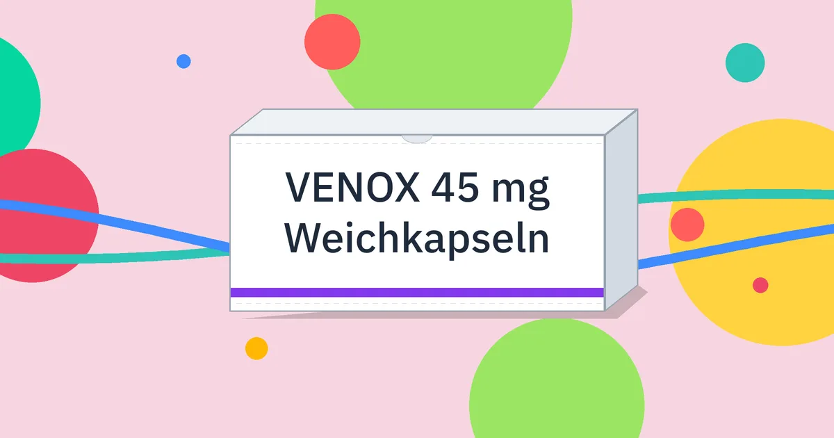 Symbolbild: Packung mit der Aufschrift VENOX 45 mg Weichkapseln (PZN 18673691) – Verfügbarkeit und Bezug in Apotheken in Frankfurt am Main