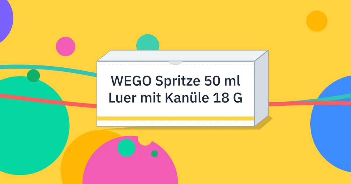 Symbolbild: Packung mit der Aufschrift WEGO Spritze 50 ml Luer mit Kanüle 18 G (PZN 18859183) – Verfügbarkeit und Bezug in Apotheken in Frankfurt am Main